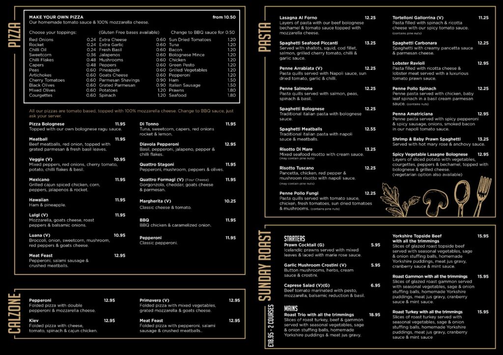 Main Menu - Valentinos Italian Restaurant in Wakefield
