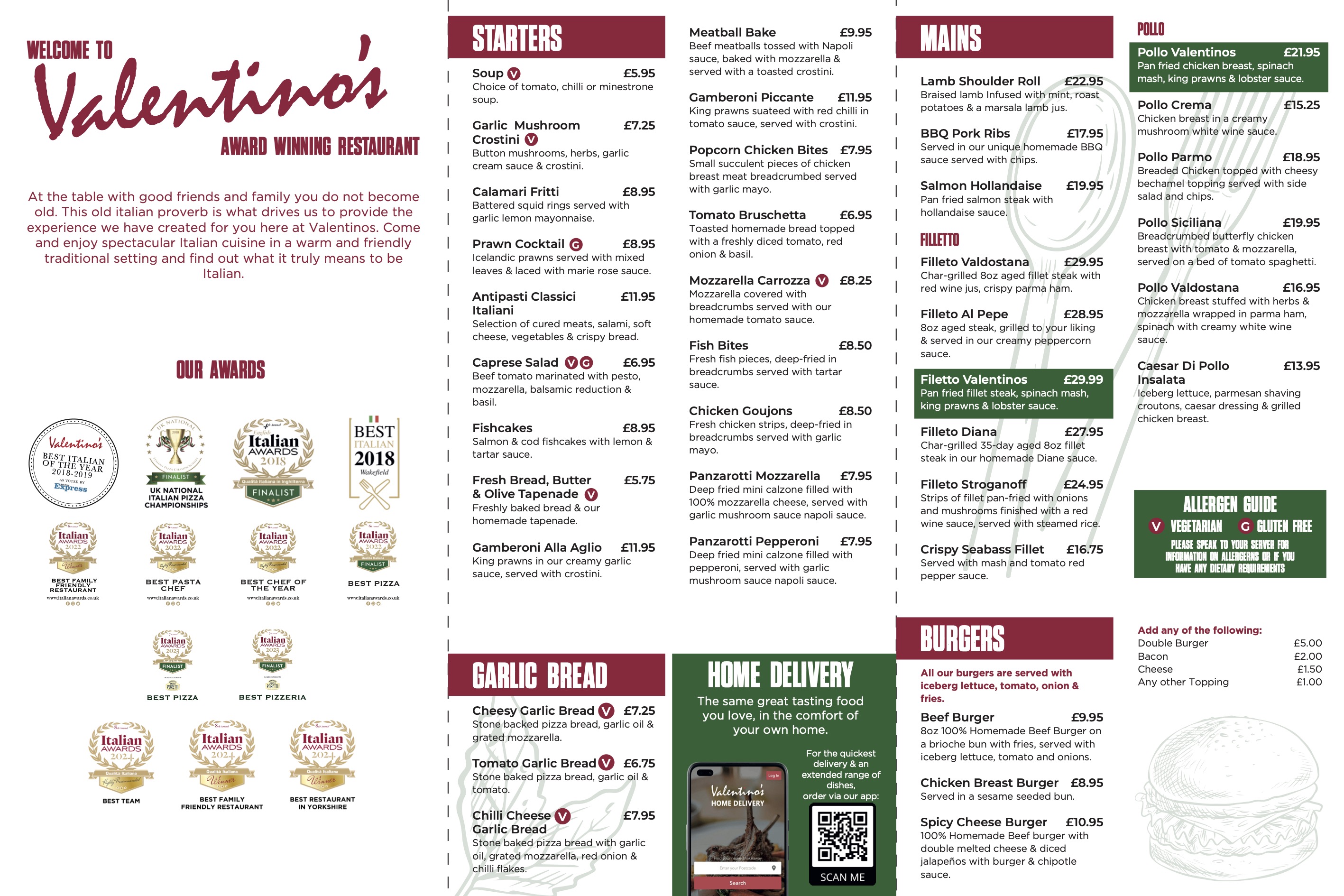 Main Menu - Valentinos Italian Restaurant in Wakefield