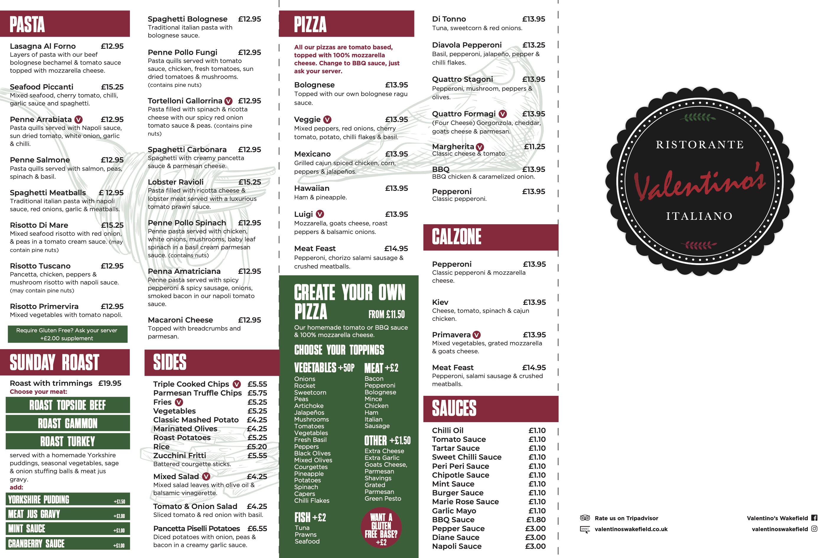 Main Menu - Valentinos Italian Restaurant in Wakefield